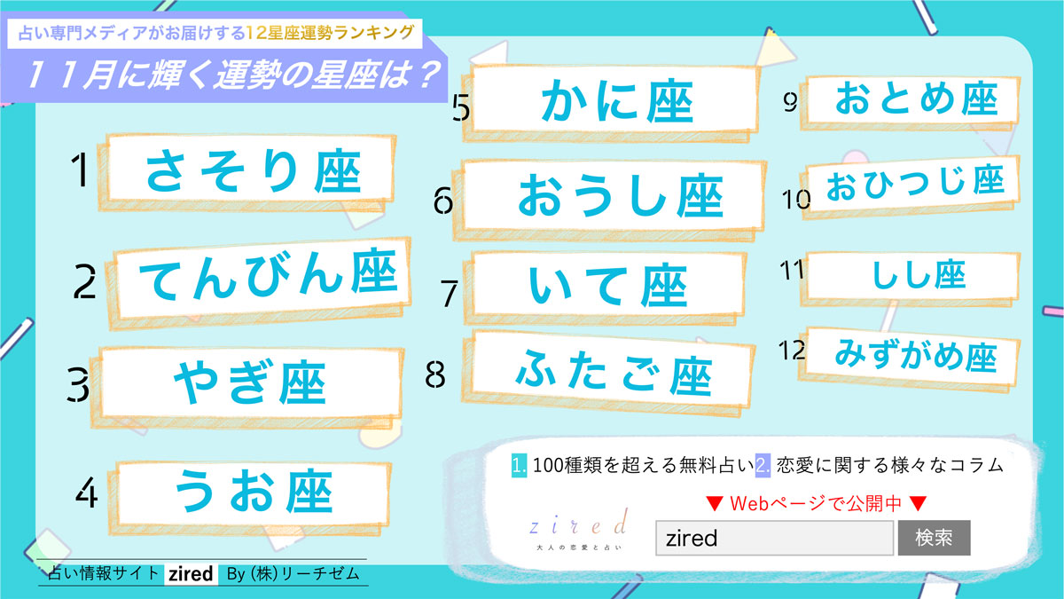 星座占い【11月】月間運勢ランキング - zired